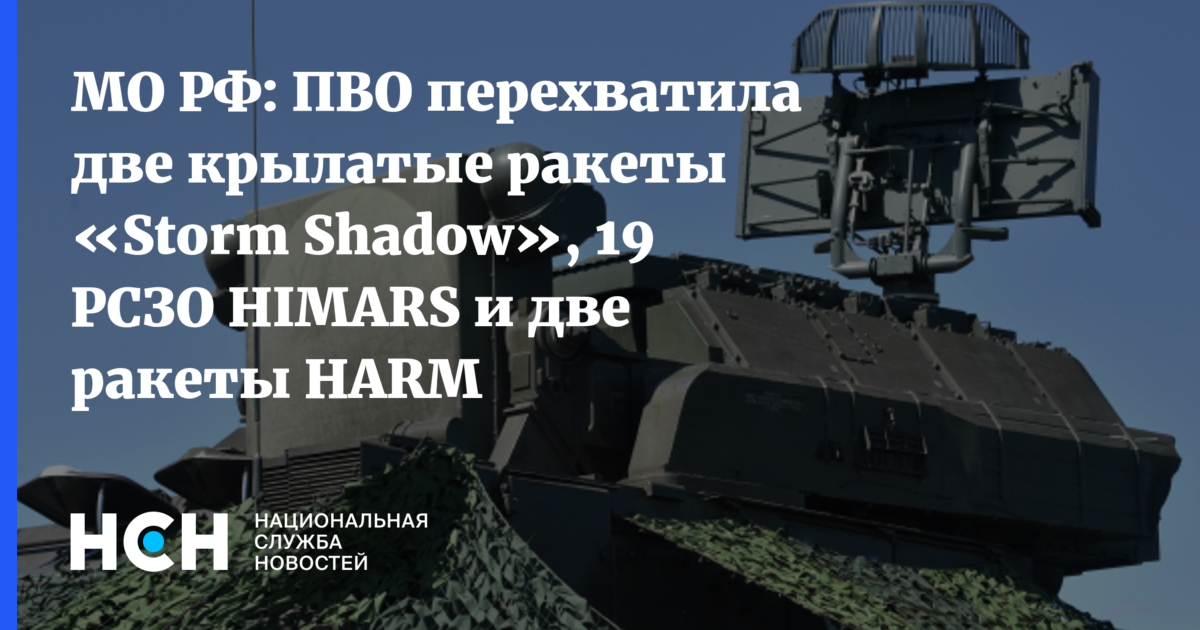 МО РФ: ПВО перехватила две крылатые ракеты «Storm Shadow», 19 РСЗО HIMARS и две ракеты HARM